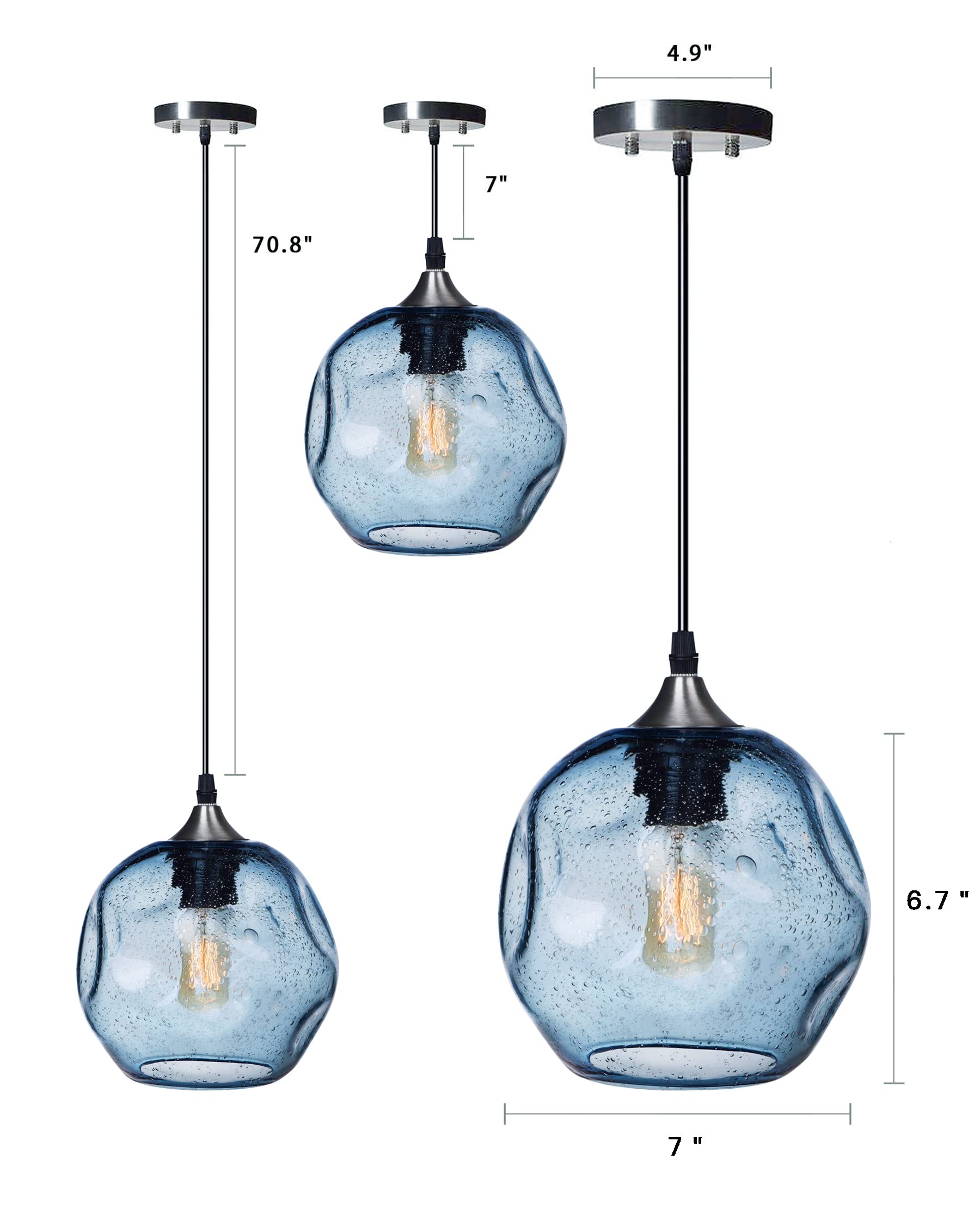 CASAMOTION Glass Pendant Lights Modern Blue Seeded Bubbles Kitchen Lighting Over Island Organic Globe Ceiling Hanging Fixture Dining Room Table Sink Hallway Entryway 7" Inch Diam