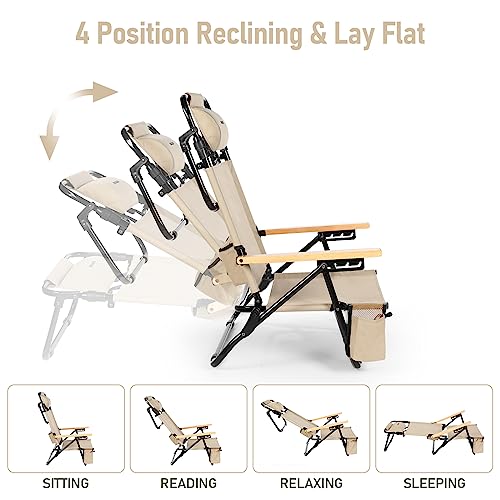 REALEAD Reclining Beach Chairs for Adults - Extendable High Back Low Profile Beach Chair with Headrest, Cooler Pouch, Cup Holder, 4-Position Lay Flat Folding Beach Chairs Heavy Duty Support 330LBS