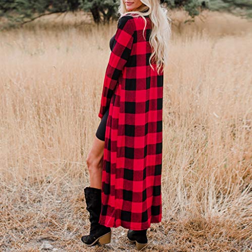 NEARTIME Women's Long Sleeve Waterfall Lightweight Plaid Cardigan Boho Kimono Cover Up Casual Outwear