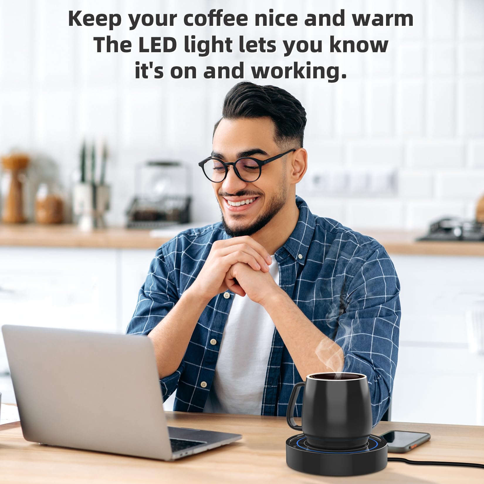 Dimux Coffee Warmer with Mug Set - Electric Beverage Cup Warmer for Desk Office Home Use, Candle Warmer Heating Plate with Gravity Switch Auto Shut Off (Up to 131F/55C), 12oz (Blue Set)