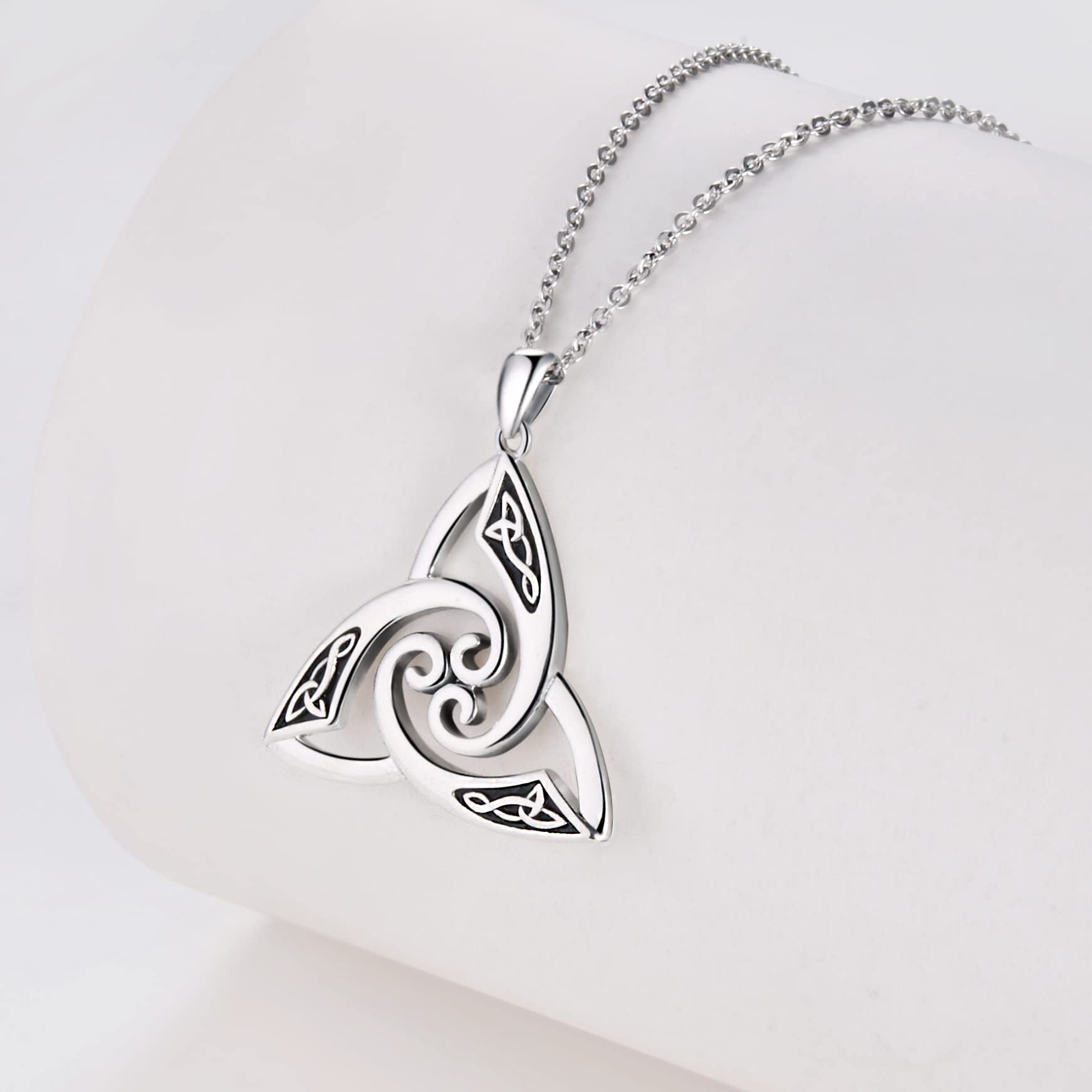 CHIC & ARTSY Triskele Necklace 925 Sterling Silver Trinity Celtic Triskele Pendant Necklace Ireland Oxidized Triple Spiral Celtic Necklace For Women Cable Chain 18"- 20"