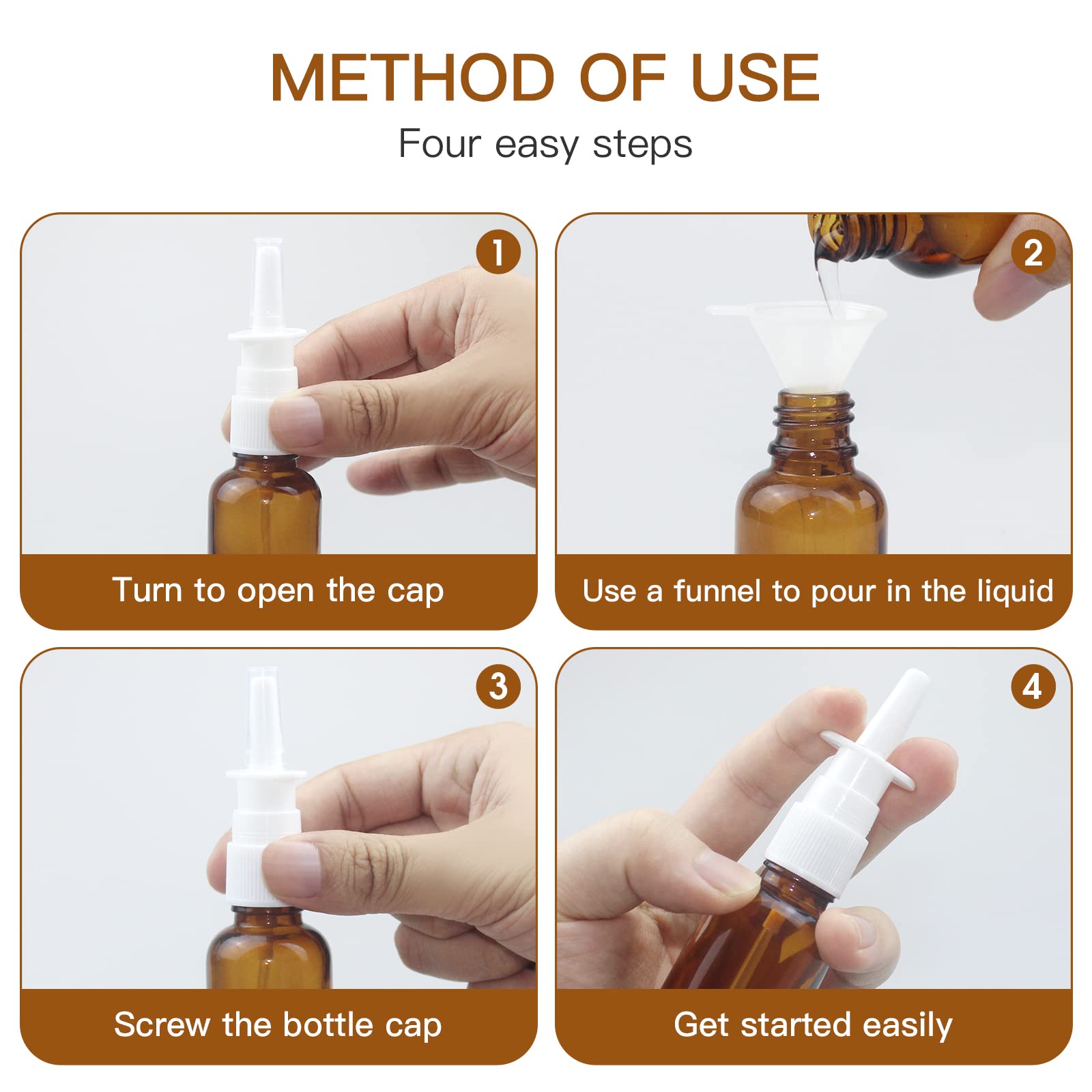 Nasal Spray Bottle, 3 Pcs 30ML/1oz Glass Amber Refillable Fine Mist Sprayers Atomizers, Small Empty Nasal Sprayer with Funnels and Labels