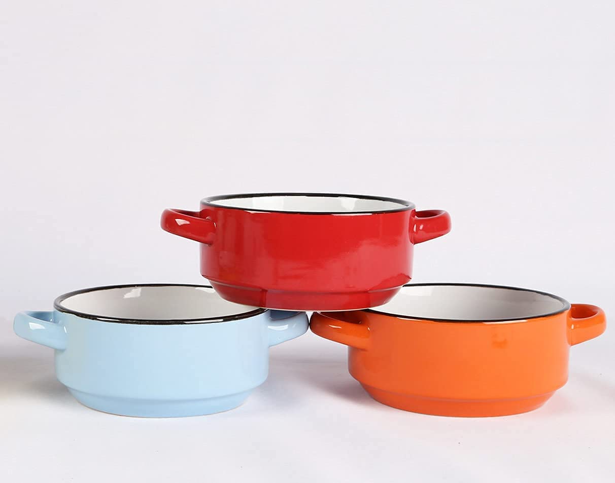 ECODECO Baking Serving Ceramic Red Soup Bowls with Handles - 16 Ounce - Set of 2 - Chowder Bisque Pot Pie Crocks