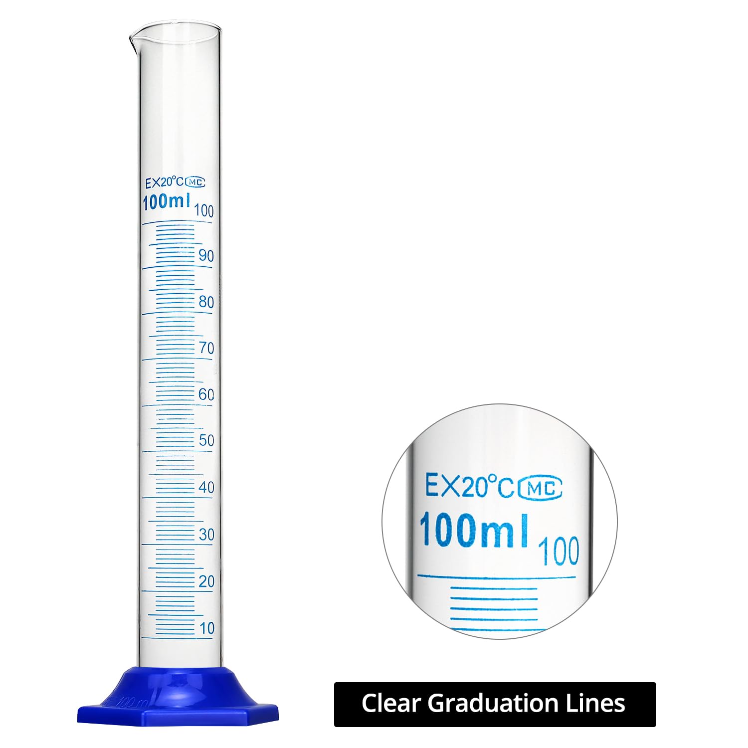 QWORK Borosilicate Glass Graduated Cylinder Set - 5PCS, 100ml, Heat and Chemical Resistant with Shatter-Proof Design, 3mm Wall Thickness