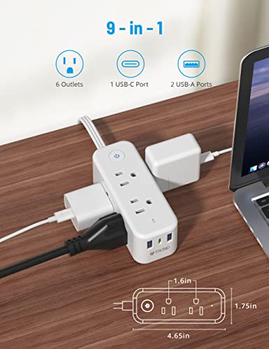 Flat Plug Power Strip - TROND 5ft Ultra Thin Extension Cord with 6 Widely Outlets and 3 USB Ports(1 USB C) + TROND 10FT Thin Flat Extension Cord 3 USB-A & 1 USB-C Port, 8 Widely-Spaced Outlets