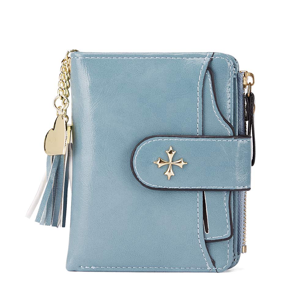ZLONUBEY Wallet for Women Genuine Leather RFID Blocking Small Women Wallets Bifold Card Case with Zipper Pocket(Blue)