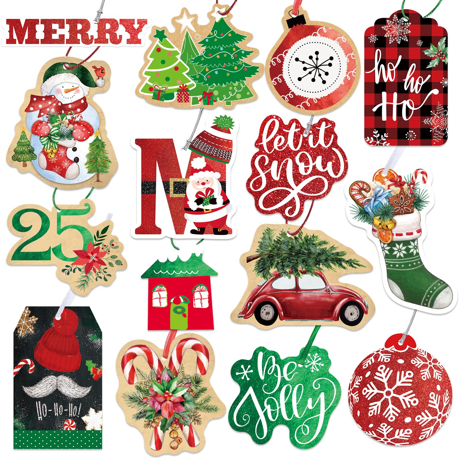 Gift Tags for Christmas Presents 60 Count with Untied String (15 Assorted Glitter, Foil, Printed Designs for Xmas Holiday Present Wrapping)
