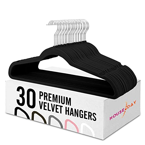 HOUSE DAY Premium Velvet Hangers 30 Pack, Non Slip Felt Hangers Black, Space Saving Clothes Hangers, Heavy Duty Coat Hangers, Slim Flocked Hangers, Suit Hanger for Adult