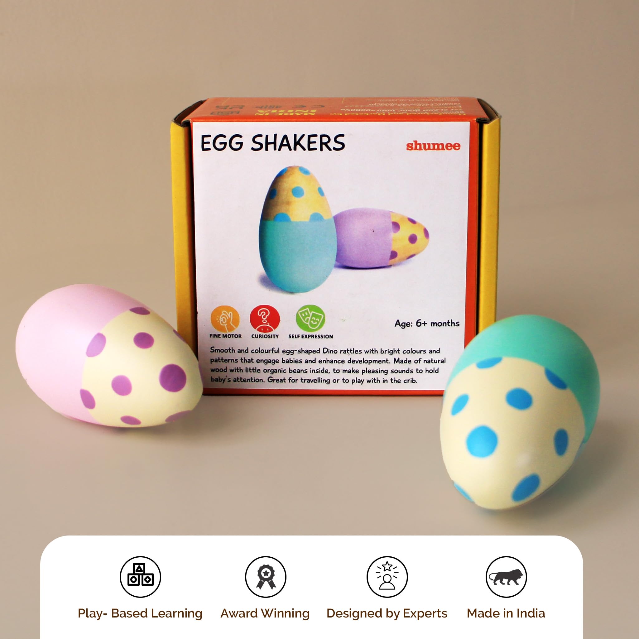 Shumee Wooden Egg Shakers for Babies (6 Months+) | Set of 2 Maraca Eggs (Teal & Purple Dots) | 8 cms | 100% Child Safe & Non Toxic | Musical Rattle Montessori Toy