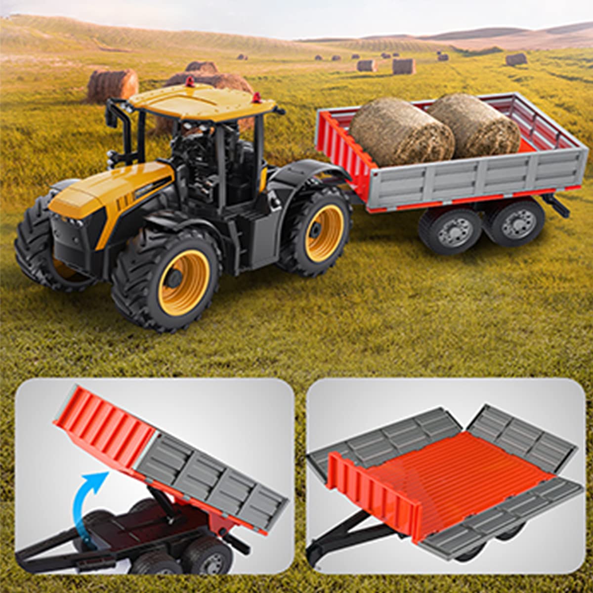 Dollox RC Farm Tractor Toy 1/16 Scale Construction Farmer Truck 2.4G Hobby Remote Control Engineering Vehicle + Tipping Trailer Accessory with Hitch