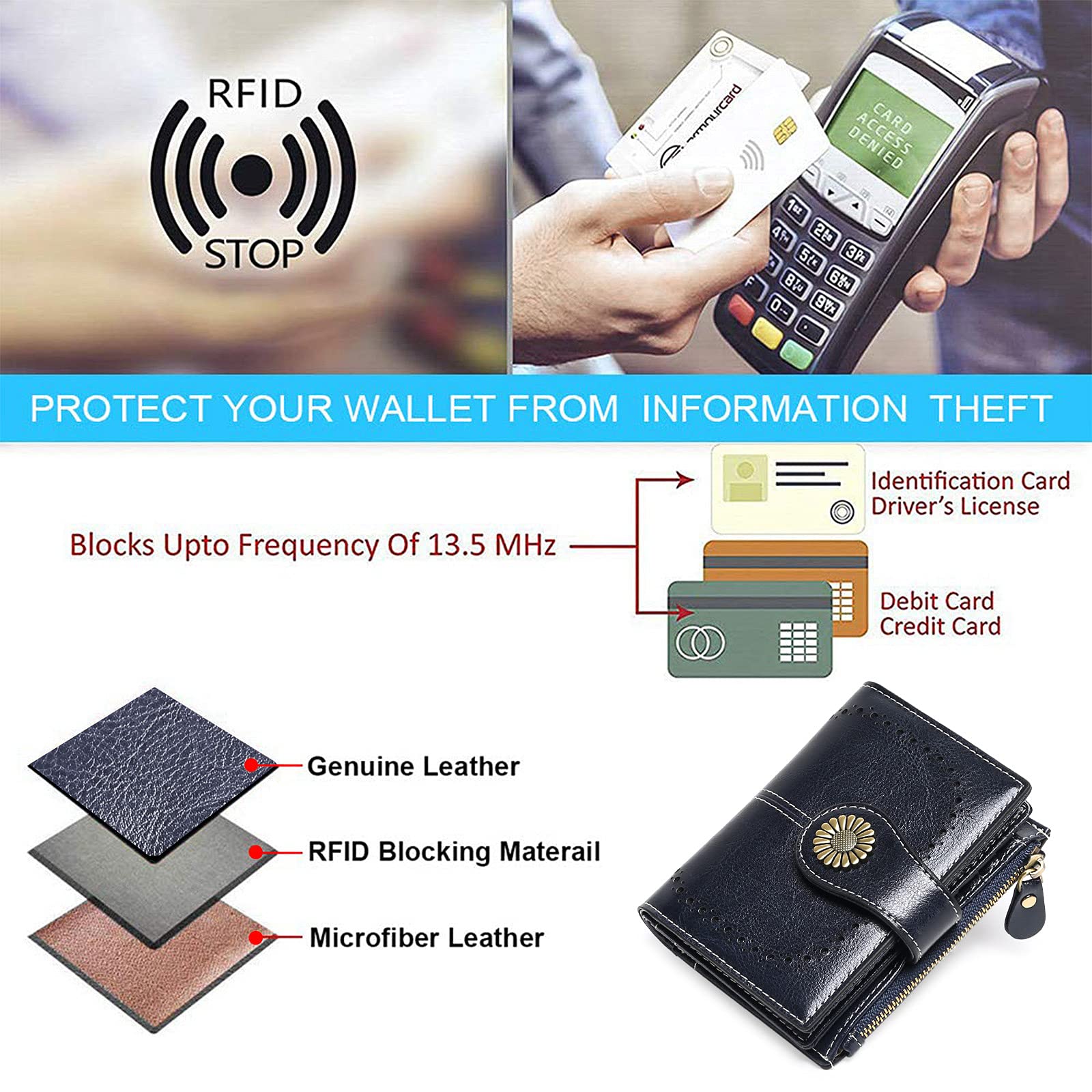 Wallets for Women Small Bifold RFID Blocking Genuine Leather Wallet Vintage Zipper Short Card Holder Ladies Purse Elegant Clutch with ID Window (Dark Blue)