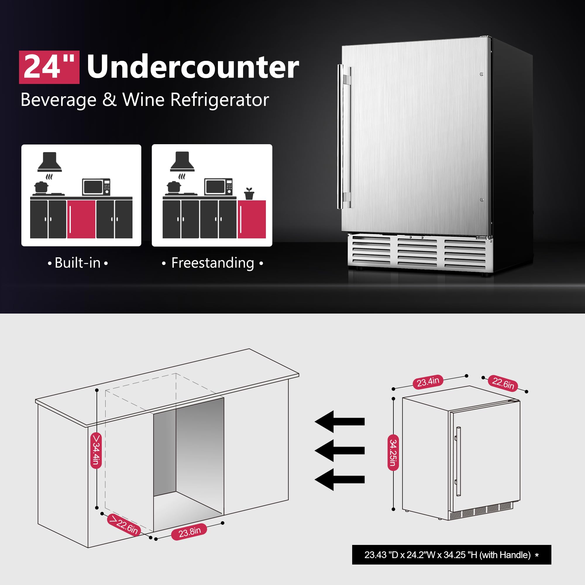 Icyglee 24 Inch Beverage Refrigerator, 180 Cans Undercounter Beverage Fridge with Stainless Steel for Home and Patio Use, Outdoor Refrigerator for Soda, Beer, Wine