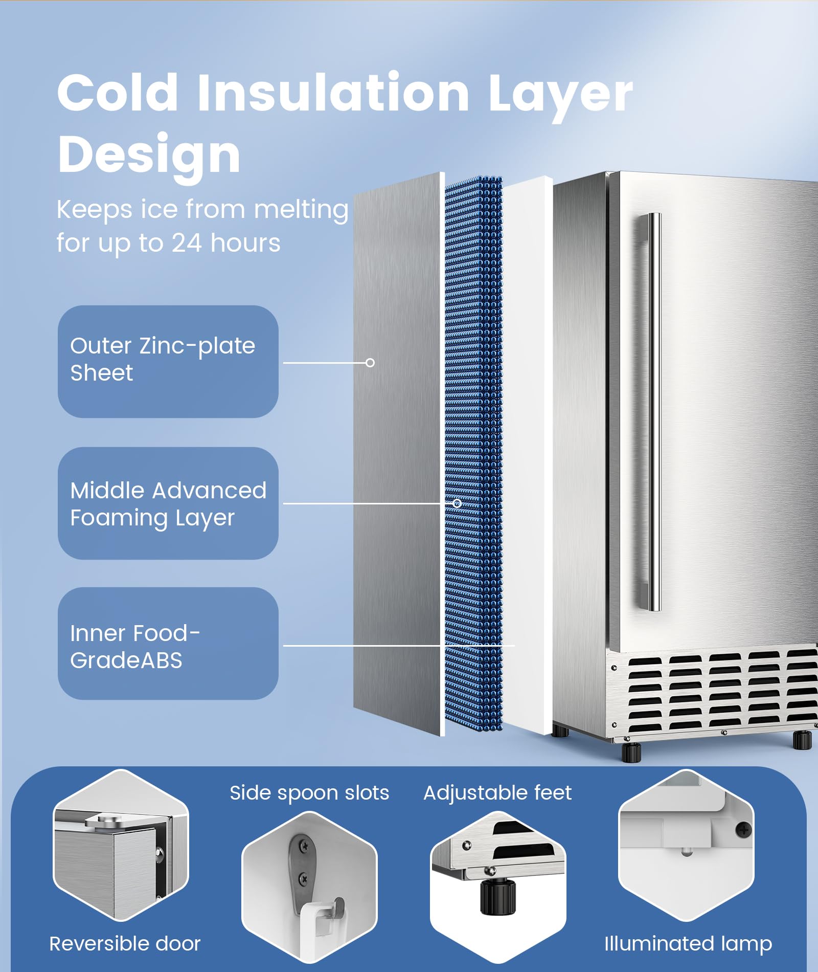 Joy Pebble Commercial Nugget Ice Maker Machine, 66Lbs/Day, Freezer Under Counter Nugget Ice Machine, Self-Clean/24H Timer/LCD Panel/Drain Pump, Stainless Steel Built-in Freestanding Ice Maker