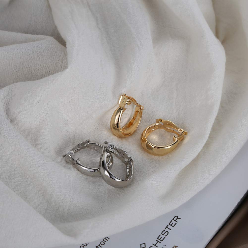 Chunky Gold Clip on Hoop Earrings for Women, 14k Gold Plated Hoops Earring Jewelry