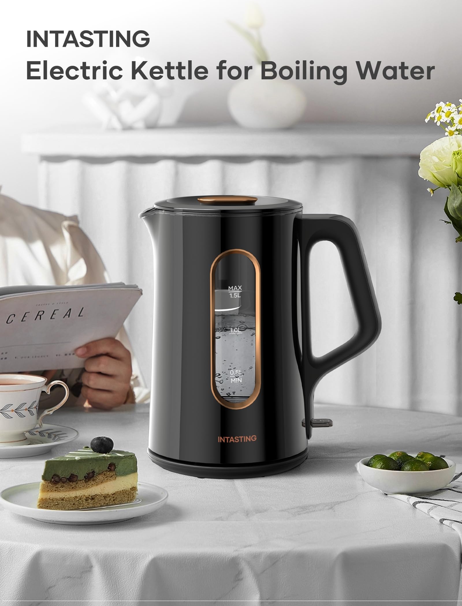INTASTING Electric Kettle, Double Wall Glass Inner, Hot Water Boiler Heater Pot, 1.5-Liter, 1200 Watts for Fast Boiling, 53oz BPA Free, Glossy Black