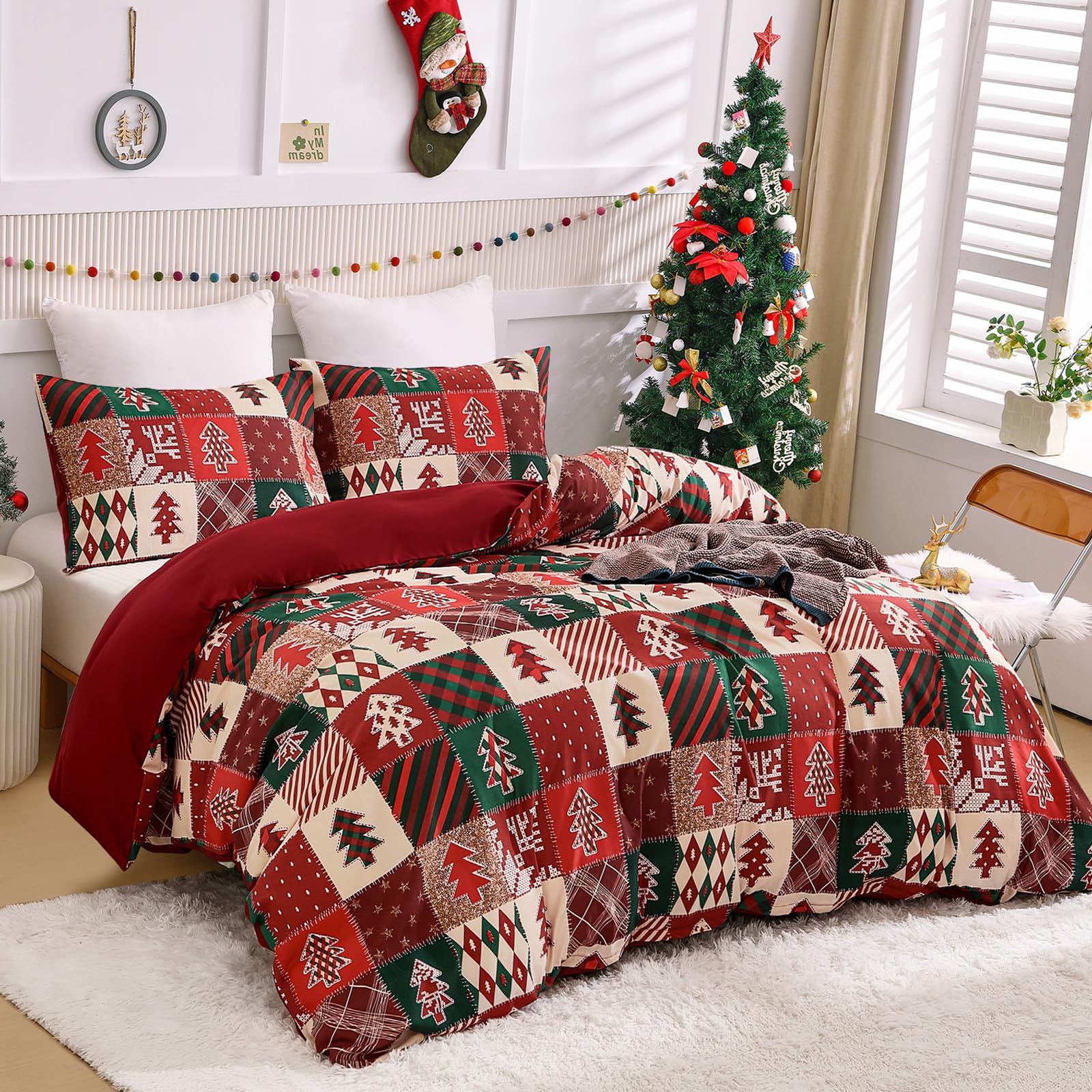 Dintszyayue Christmas Duvet Cover Set Queen Size,3 Pieces Patchwork Plaid Bedding Set Red and Green Christmas Tree Printed Duvet Soft Microfiber Duvet Comforter Covers with Zipper Closure