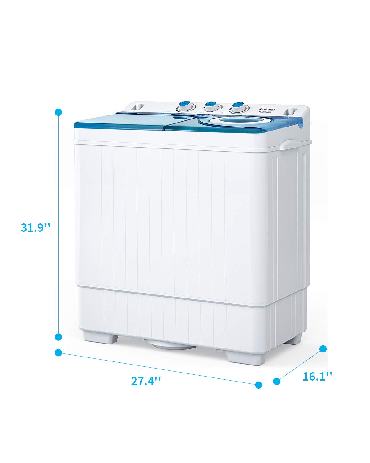KUPPET Compact Twin Tub Portable Mini Washing Machine 26lbs Capacity, Washer(18lbs)&Spiner(8lbs)/Built-in Drain Pump/Semi-Automatic (White&Blue)