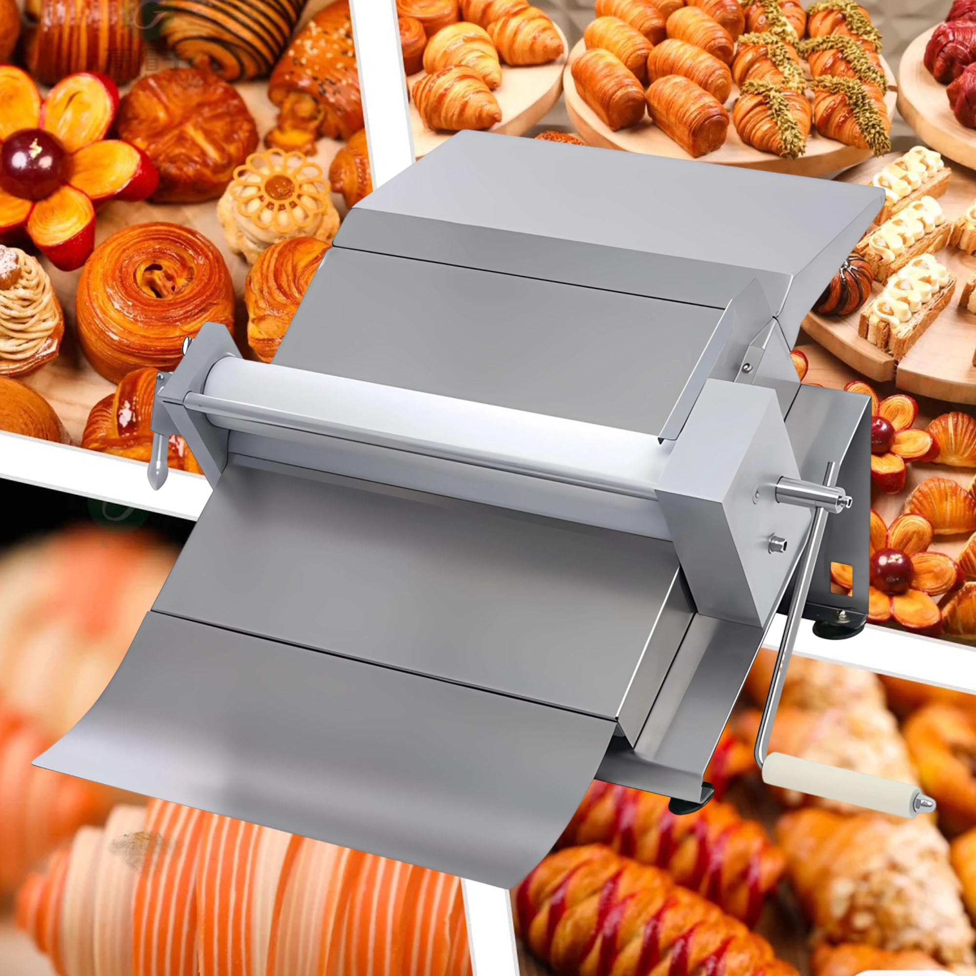 INTSUPERMAI Manual Dough Sheeter 16.5" Pastry Dough Roller Machine Stainless Steel Dough Press Sheeter Fondant Sheeter for Fondant, Croissants, Pizza and Puff Pastry