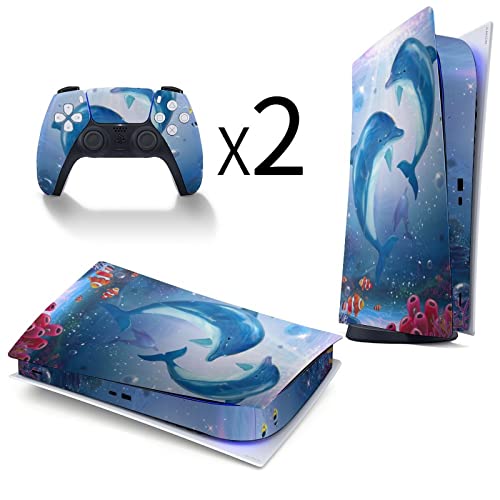 Dolphin Family in Colorful Tropical Ocean Full Protective Skin Cover Design Wrap Decal Sticker Compatible with PS5 Digital Edition Console and Controller