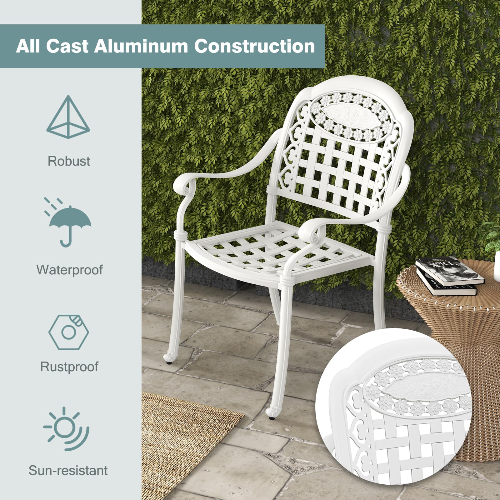 Giantex Stackable Outdoor Chairs Set of 2, All Weather Cast Aluminum Patio Chairs for Lawn Porch Garden Yard, Bistro Dining Chairs with Armrests, Adjustable Foot Pads, Easy Assembly (1, White)