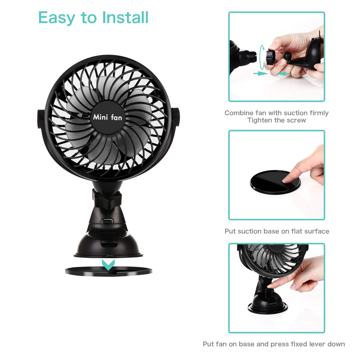 COMLIFE Battery Operated Kitchen Fan with Suction Cup, 2200mAh Capacity Rechargeable Wall Fan, Personal USB Fan with Strong Airflow, 4 Speeds, 360°Rotation, Must Have for Kitchen Cooking In Summer