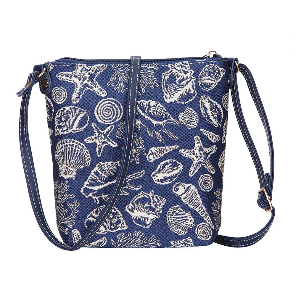 Signare Tapestry Small Crossbody Bag Sling Bag for Women with Navy Blue Sea Shell Design (SLING-SHELL)