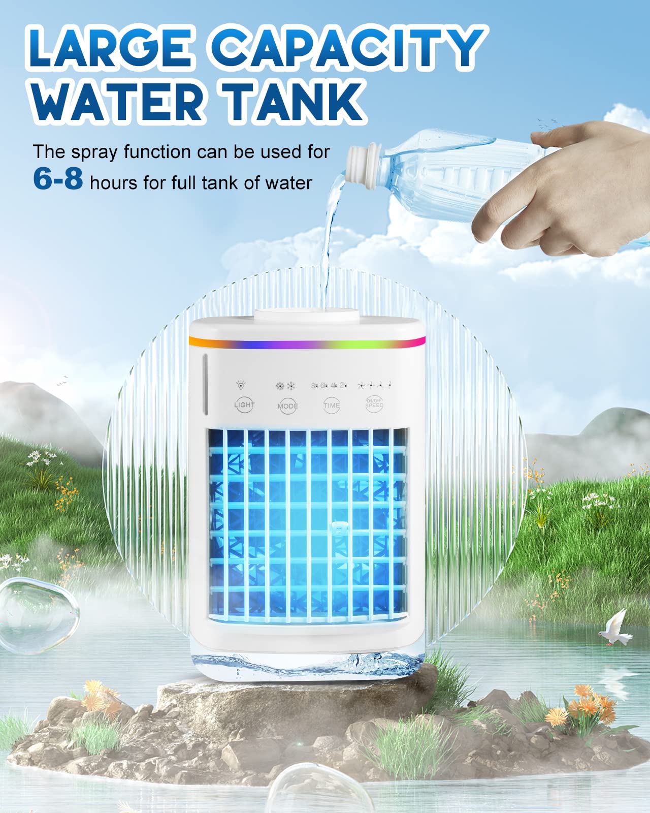 Portable Air Conditioners, 4 Speeds Evaporative Air Cooler Humidifier 600ML Waterbox Mini Air Conditioner, 2/4/6H Timer, 2 Misting Modes and LED Light, Perfect for Home Office Bedroom Camping