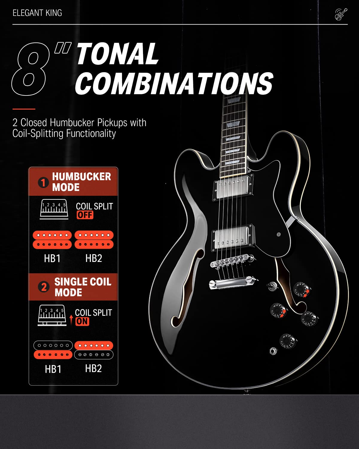 Donner Semi-Hollow Electric Guitar, DJP-1000 Jazz Guitar with H-H Pickups & Coil-splitting Function, 335 Electric Guitar Bonus Bag, Cable, Strap