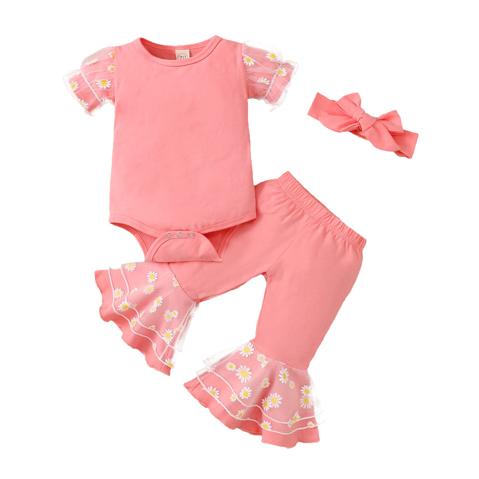 MIEKISA baby girls rompers flared pants suits headband free (Pink, 6-12 Months)