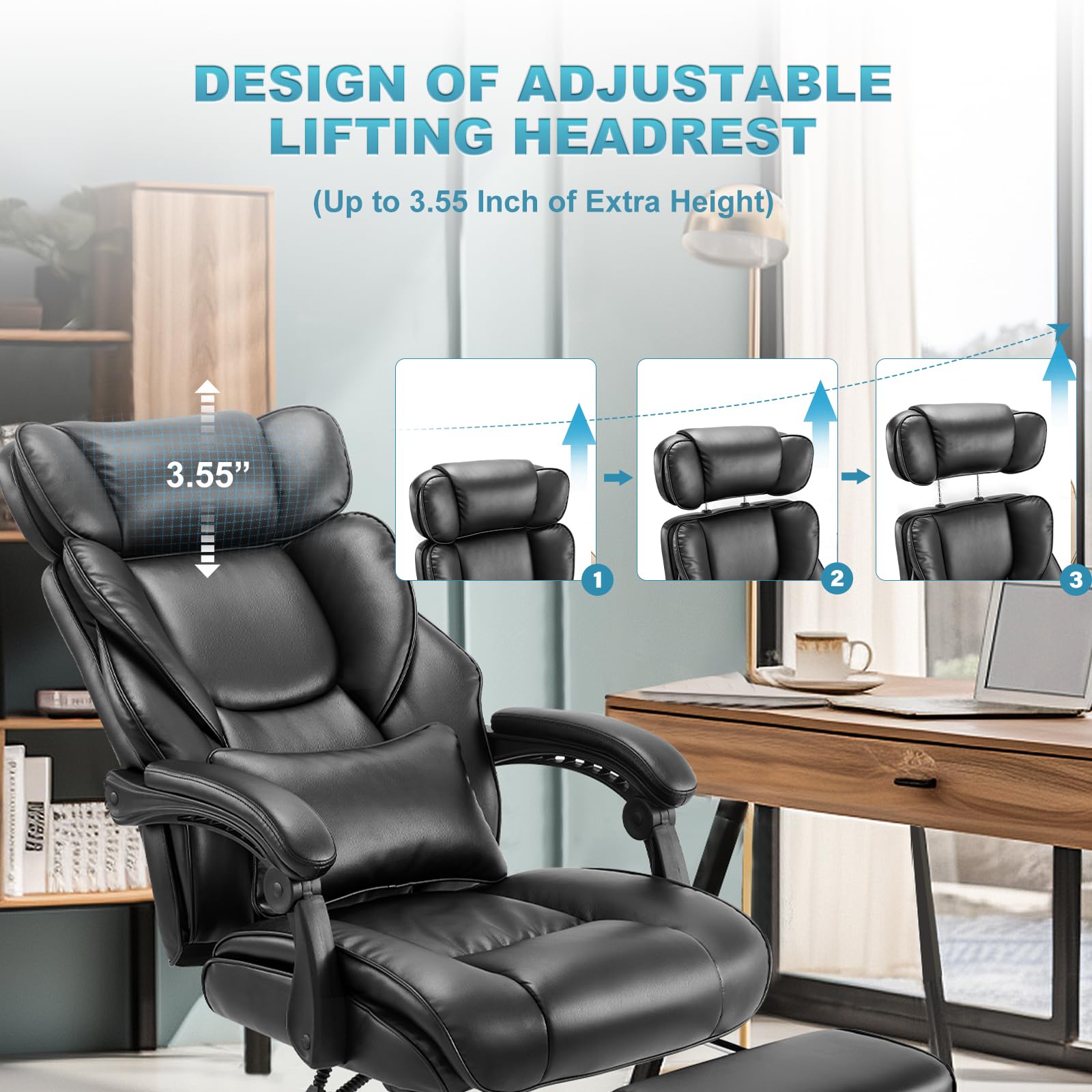 COLAMY Office Chair with Footrest-Ergonomic High Back Design Executive Computer Desk Chair with Removable Lumbar Pillow, 90-135°Reclining, Thick Bonded Leather for Home Office Work Comfort, Pink