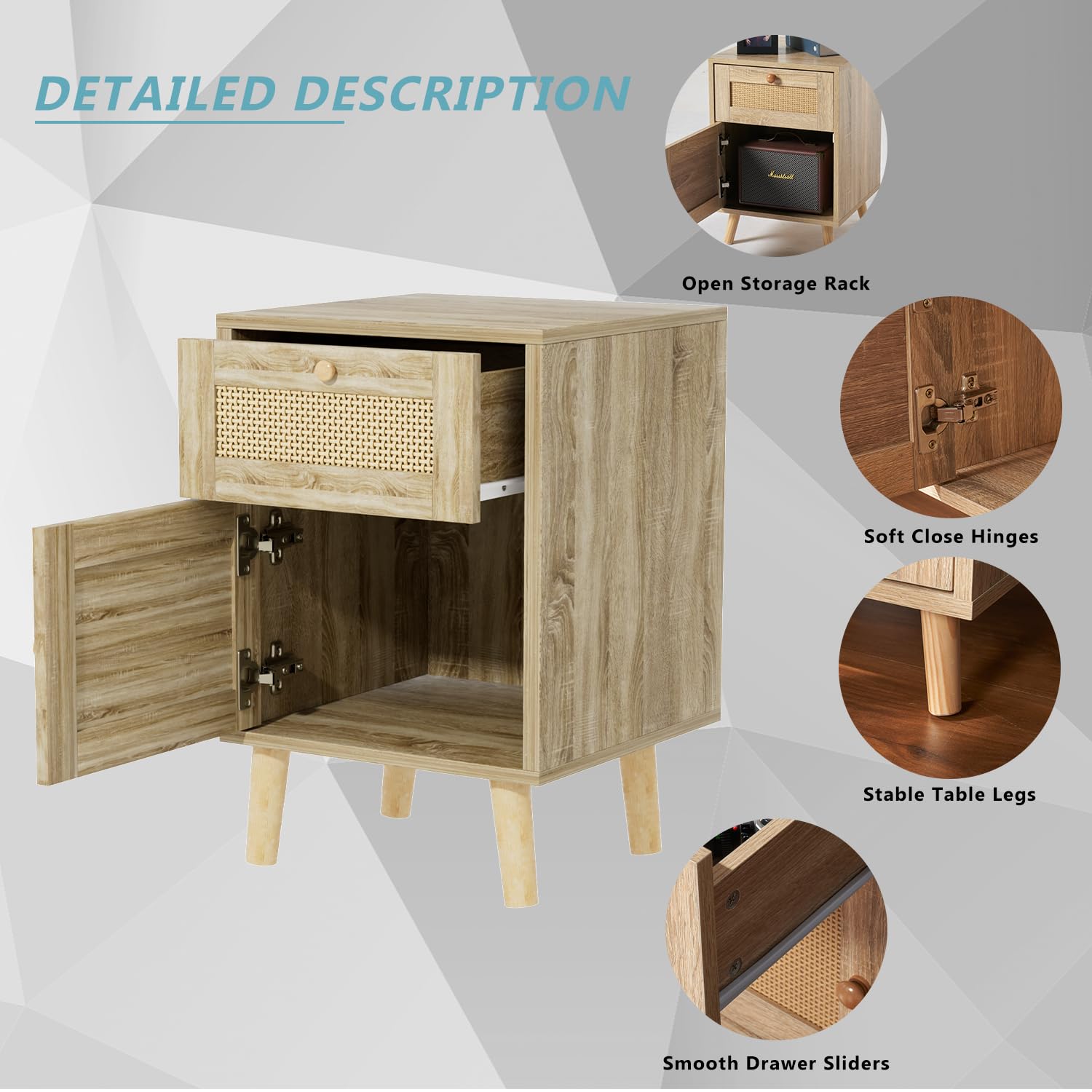Breezestival Rattan-Like Nightstand with Storage, Boho Side Table with Rattan Material Decorated Drawer, Cabinet Door for Living Room, Bedroom