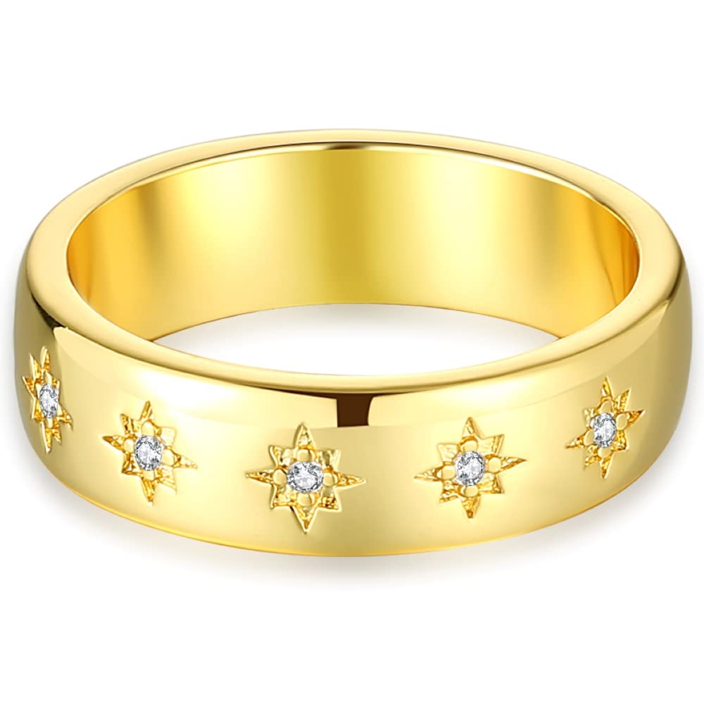 BLOSSOM & HUE Simple Star Set Band Ring | Starbust Gold Band Ring | 18K Gold Plated Thick Statement Ring | Size 8 |