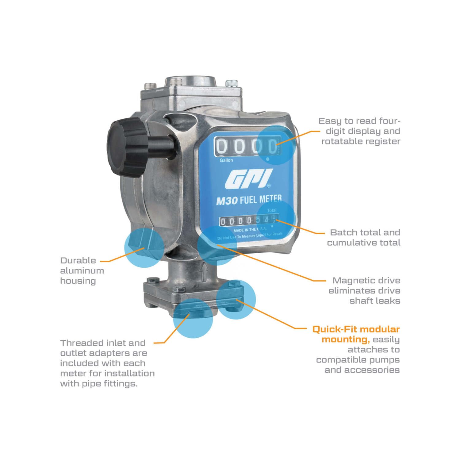 GPI - M30 Modular Mechanical Fuel Meter in GALLONS, 5 to 30 GPM, 1” NPT Inlet/Outlet (165100-01)