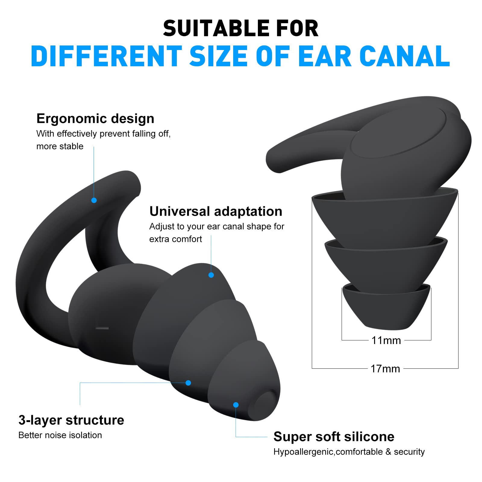 Copeaky Ear Plugs for Sleeping Noise Cancelling, Reusable Silicone Ear Plug, Comfortable Hearing Protection for Work, Study, Travel and Noise Reduction, Black
