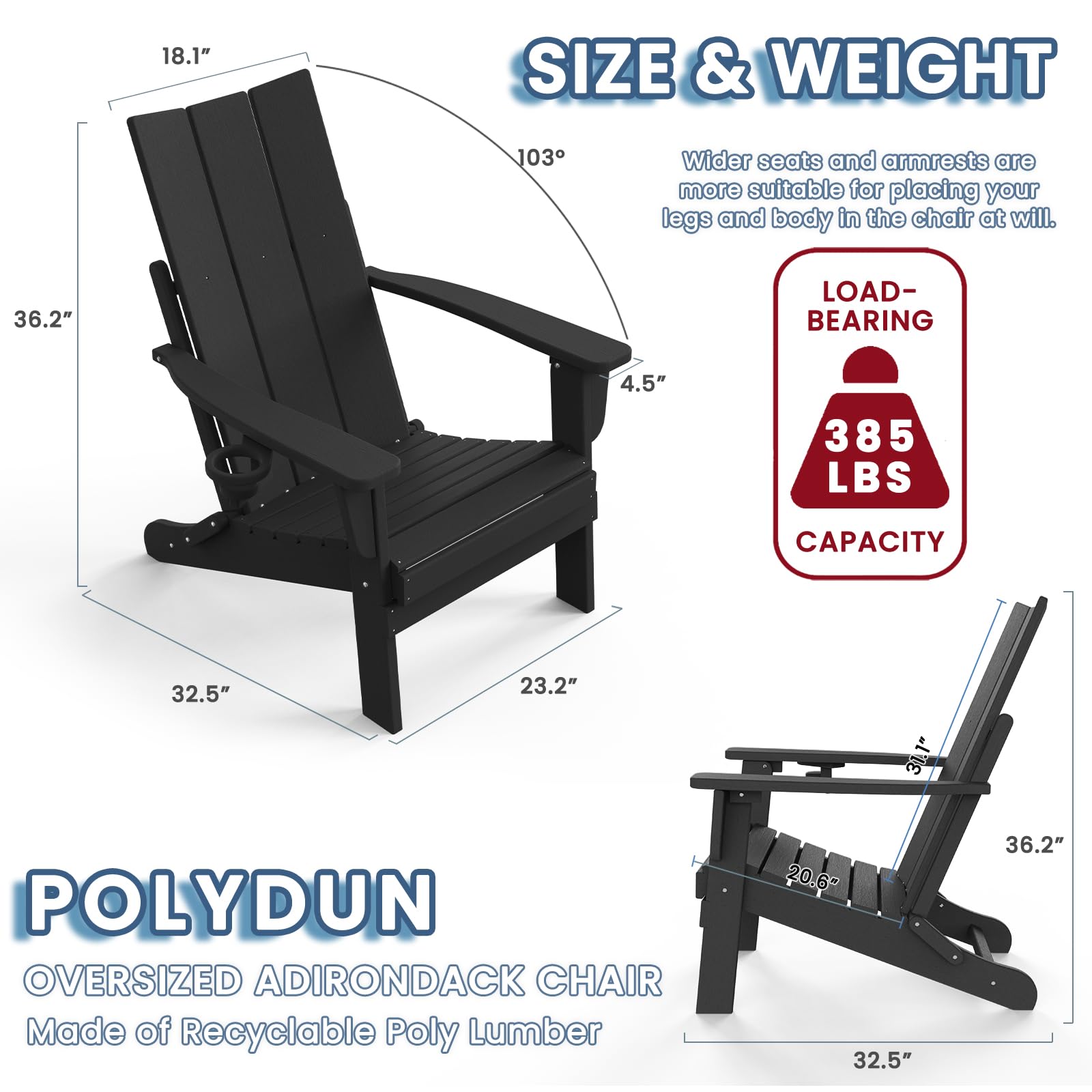 Folding Adirondack Chair Set of 4 with Cup Holder, Poly Lumber Patio Chairs, Wood Texture, Pre-Assembled Weather Resistant Outdoor Chairs for Pool, Deck, Backyard, Garden, Fire Pit Seating, Slate Gray
