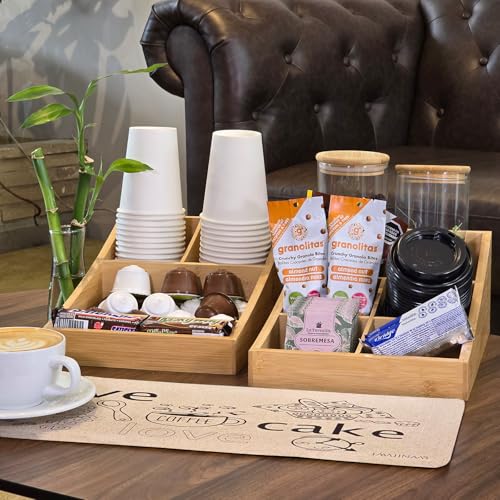 IMAJINAAR Large Capacity Coffee Pod Organizer for K Cups, Tea Bags & Snacks | Bamboo Coffee Station & Condiment Organizer with Spill-Resistant Mat (17.7''x11.8'')