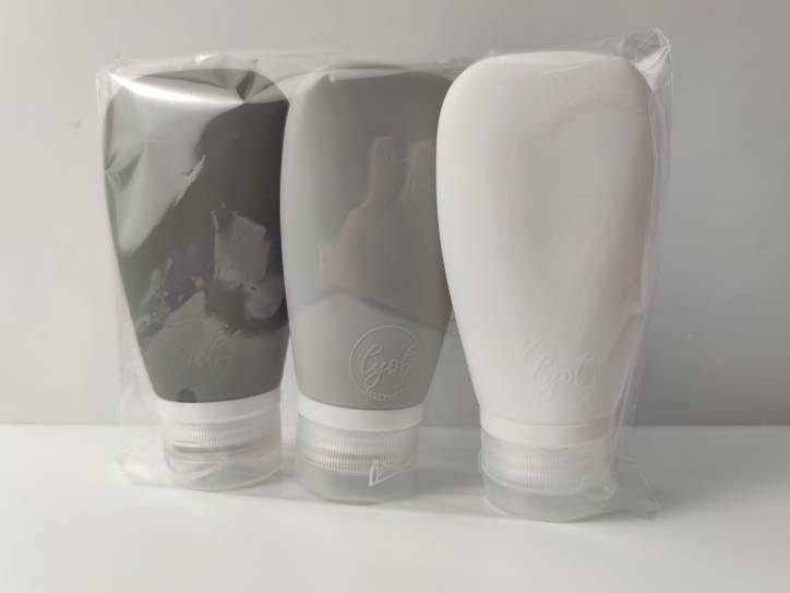 LYOB Travel Bottles for Toiletries, TSA Approved 3oz Leak Proof Silicone Refillable Squeeze Travel Size Containers BPA Free for Cleansers, Lotions, Shampoo 3-pk (Black-Gray-White)