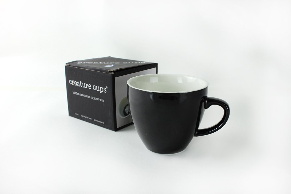 Creature Cups SKULL Ceramic Cup (11 Ounce, Black Exterior) | Hidden 3D Creature Inside Mug Emerges As You Drink | Spooky Creepy Coffee & Tea Cup