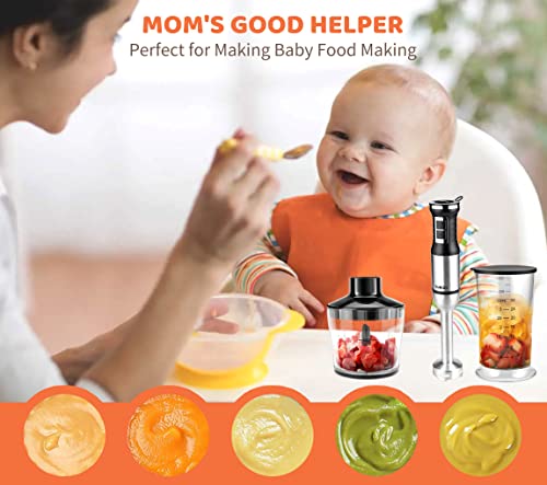 TUMIDY Immersion Blender Handheld 4 in 1 Hand Blender 500W Stepless Speed Stick Blender with Stainless Steel Blades, 750ml Chopper, 1000ml Chopper with Lid, Egg Whisk for Smoothie, Baby Food, Sauces