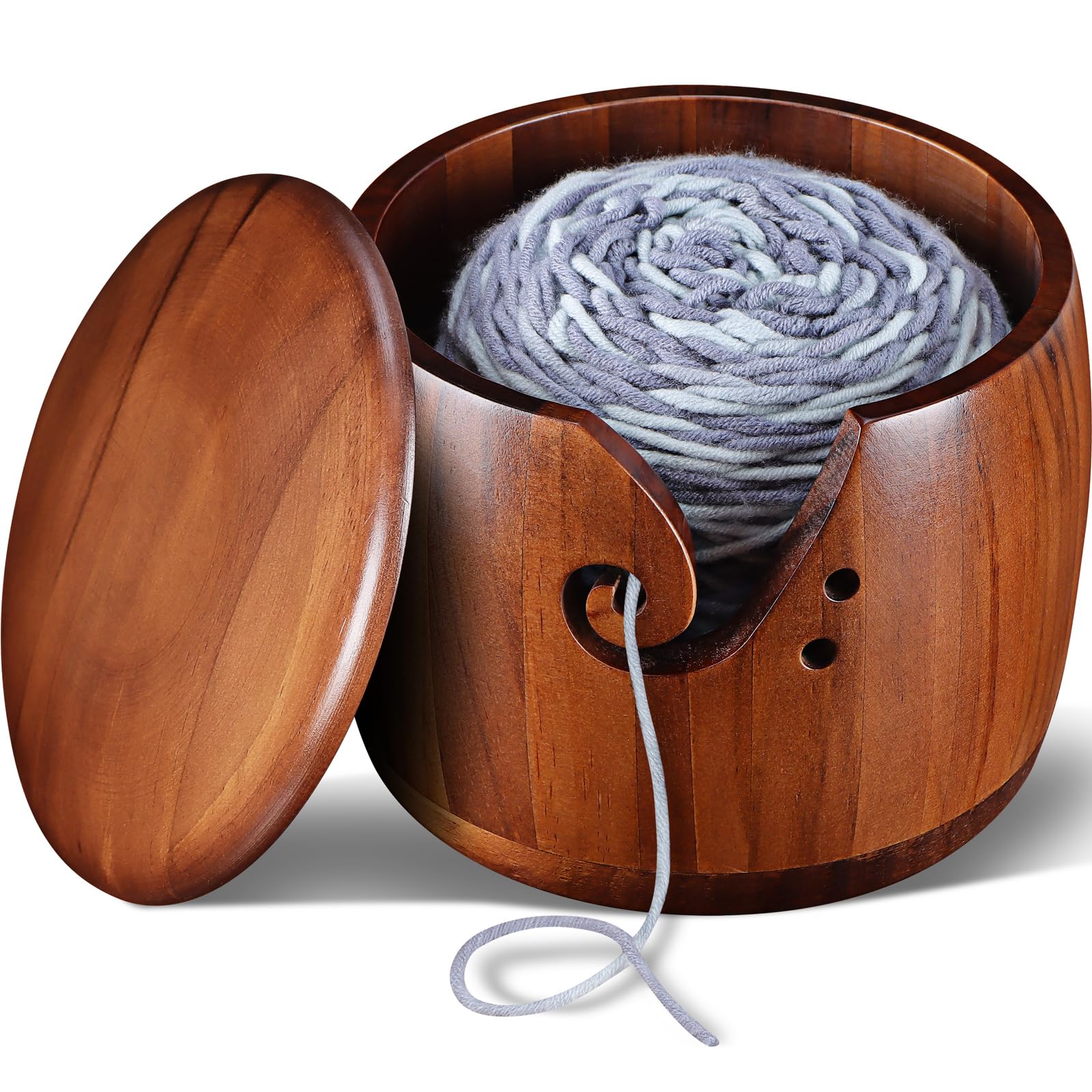 Foxyoo Yarn Bowl for Crocheting - 7x5in Large Wood Knitting Bowl with Lid