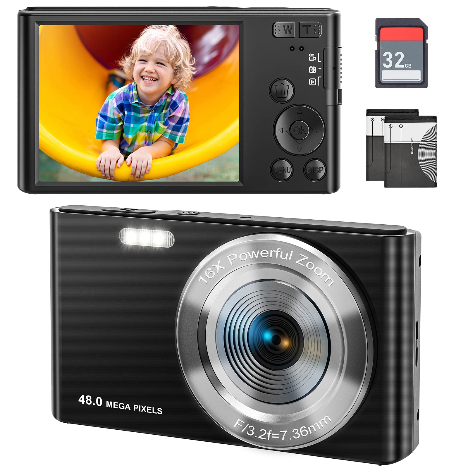 Compact Point and Shoot Camera for Video Kids with 16X Digital Zoom, 4K 48MP, Portable for Beginners,Students,Teens with 32GB SD Card and 2 Batteries