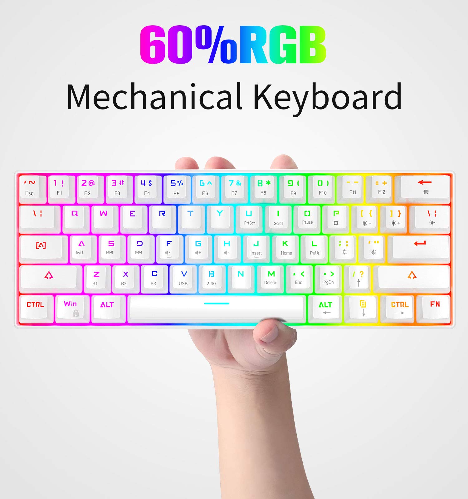 SUPGALIY 60% Mechanical Keyboard Wireless 2.4G/Bluetooth 5.0/Wired Gaming Keyboard 3000mAh 61 Keys RGB Backlit Portable Mini Keyboard for Windows, Mac, Android, iOS (Hot Swappable Blue Switch, White)