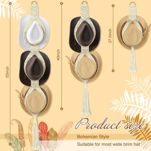 Tondiamo 3 Pieces Boho Hat Hangers Macrame Hat Organizer Wall Hanging Cowboy Hat Rack Decorative Hand Weaving Hat Holder Organizer for Wide Brim and Fedoras Sun Hat Baseball Caps Display, 3 Styles