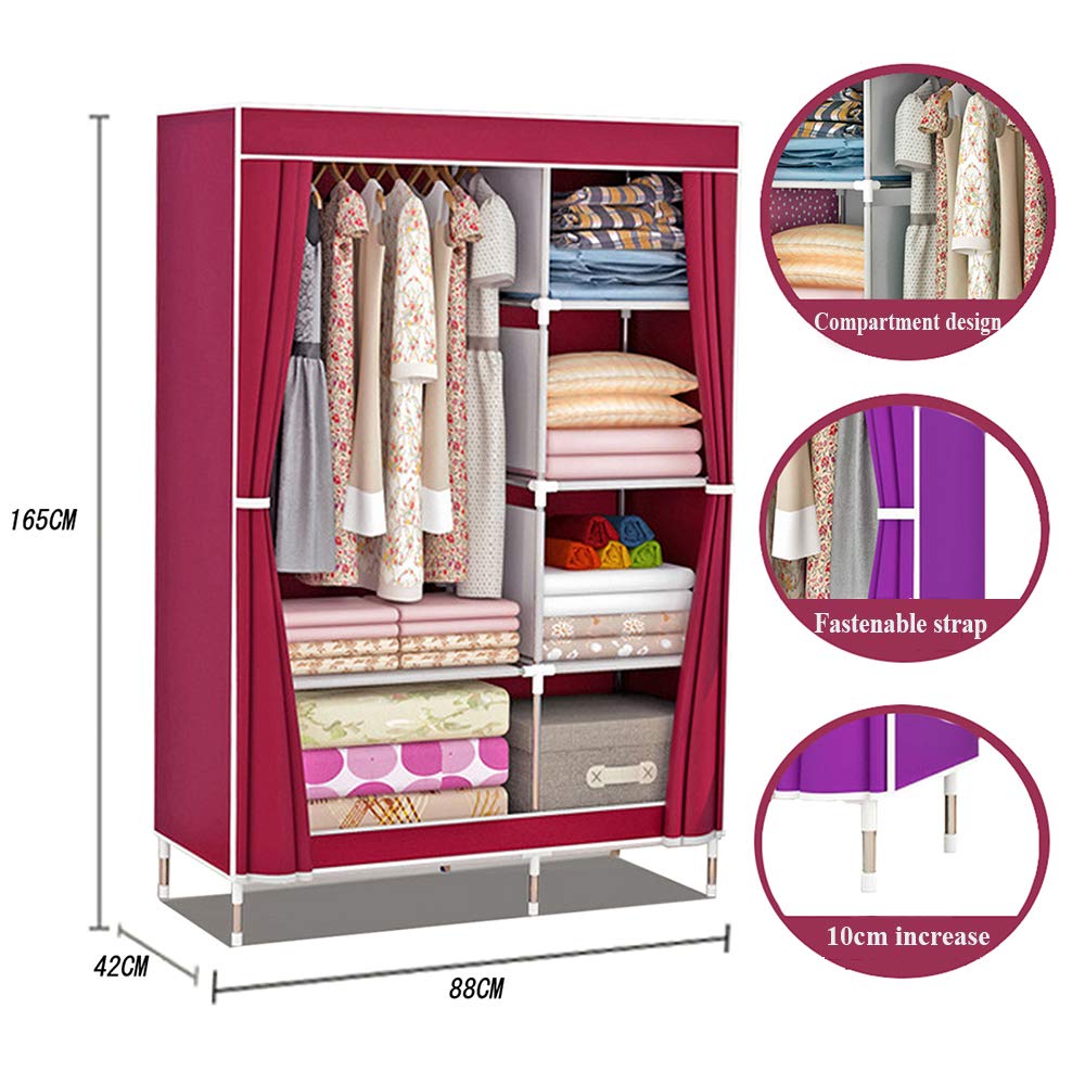 ZZBIQS Clothing Wardrobe Closet, Portable Non-Woven Fabric Garment Clothes Wardrobe Storage Organizer Shelf Rack, DIY Armoire Storage with Hanging Rod(Purple)
