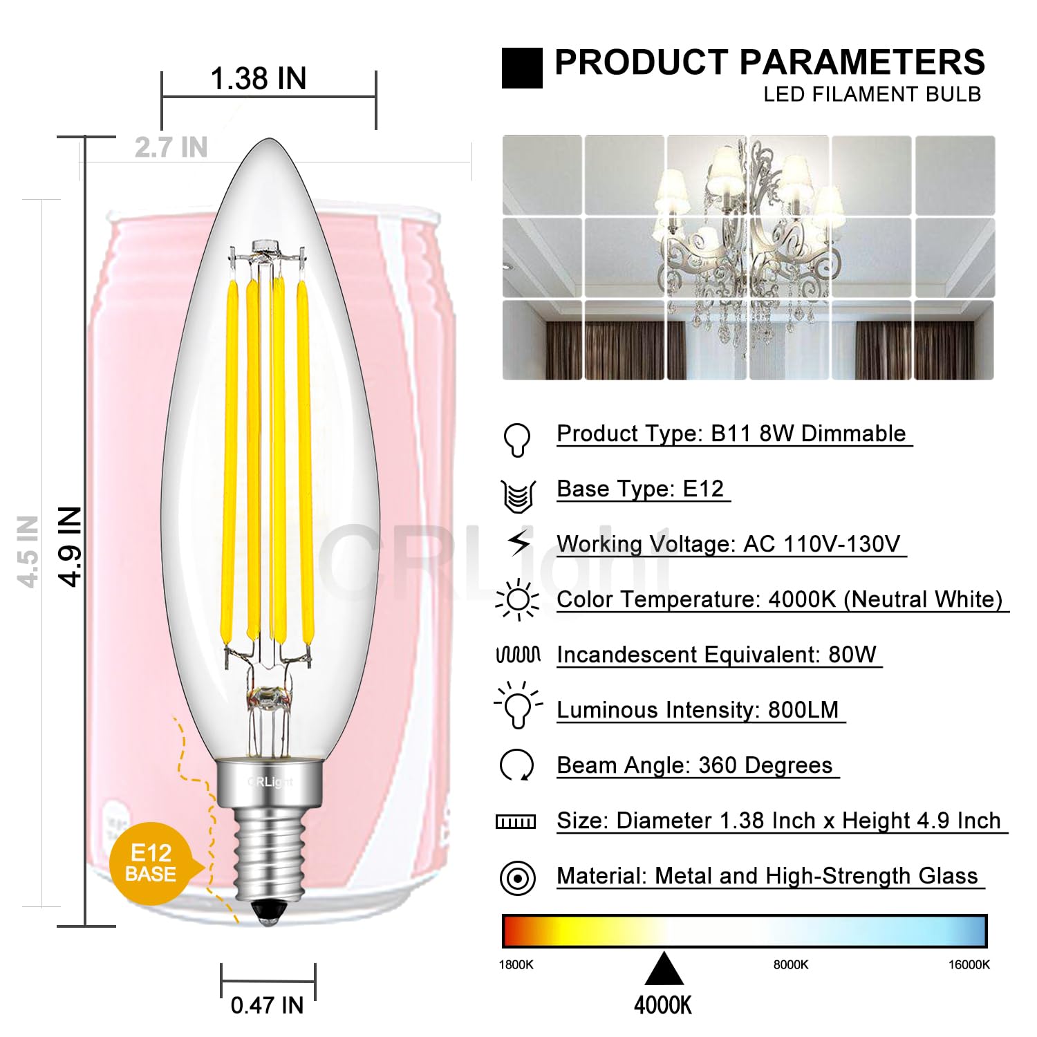 CRLight 8W Dimmable LED Candelabra Bulb 4000K Daylight White, 80W Equivalent 800LM E12 LED Candle Bulbs, Upgraded Lengthened B11 Clear Glass Torpedo Shape Chandelier Light Bulbs, 6 Pack