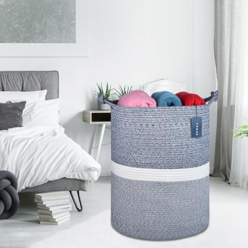 COMSE Extra Large Blanket Basket, Tall Laundry Basket, Laundry Hamper, 15.7βx 21.7β, Storage Basket, Blanket Basket for Living room, Toy Basket, Woven Basket, Clothes Baskets,Blend Navy Blue/White