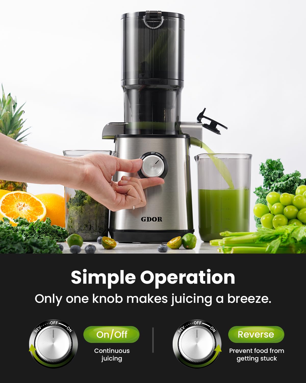 GDOR Cold Press Juicer with 4.25'' Feed Chute, Masticating Juicer Machines Fits Whole Fruits and Vegetables, Self Feeding Slow Juicer with Low Noise, Silver