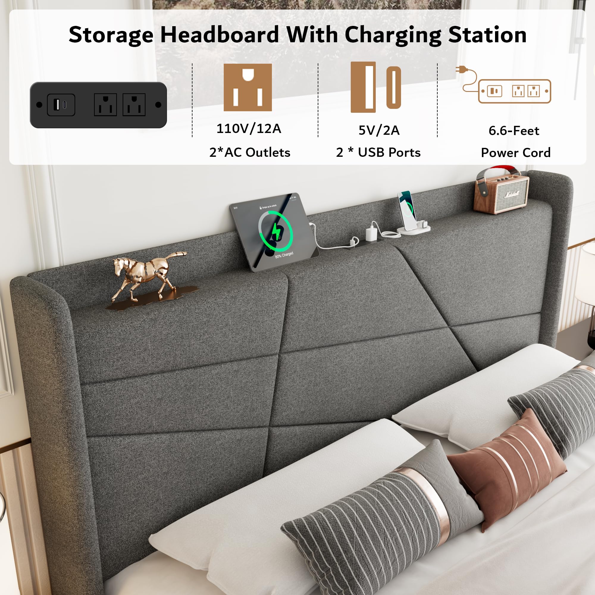 iPormis Queen Size Lift Up Storage Bed Frame with Charging Station, Upholstered Platform Bed Frame with Headboard, Hydraulic Storage, No Box Spring Needed, Noise-Free, Easy Assembly, Dark Grey