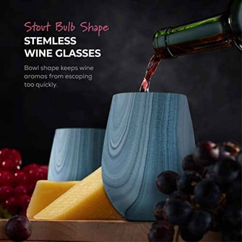 Stainless Steel Unbreakable Wine Glasses - 18 Ounce Set of 4 Wine glasses. Premium Grade 18/8 Stainless Steel Red & White Stemless Wine Glasses set, (Exquisite Blue Marble)