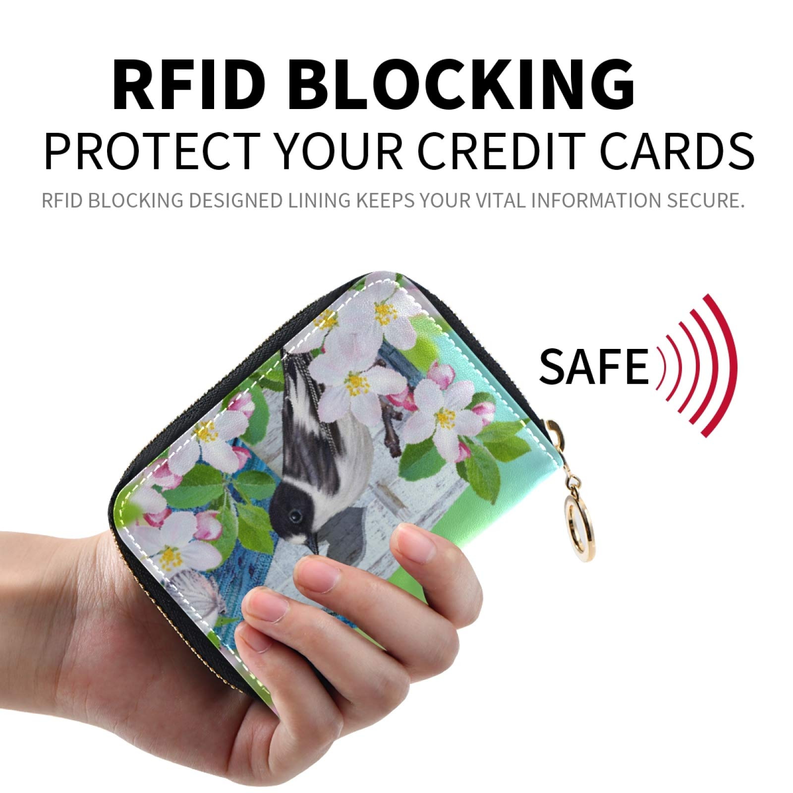 susiyo Spring Bird Flower Birdhouse Credit Card Wallet, RFID Blocking Compact Women Leather Card Holder Zipper Purse